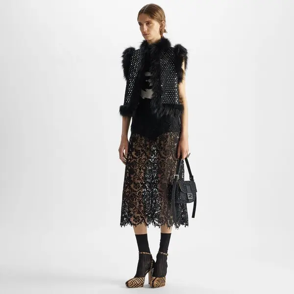 Fendi Baguette® 26424 Re Edition Bag With Black Embroidery And Mirrors